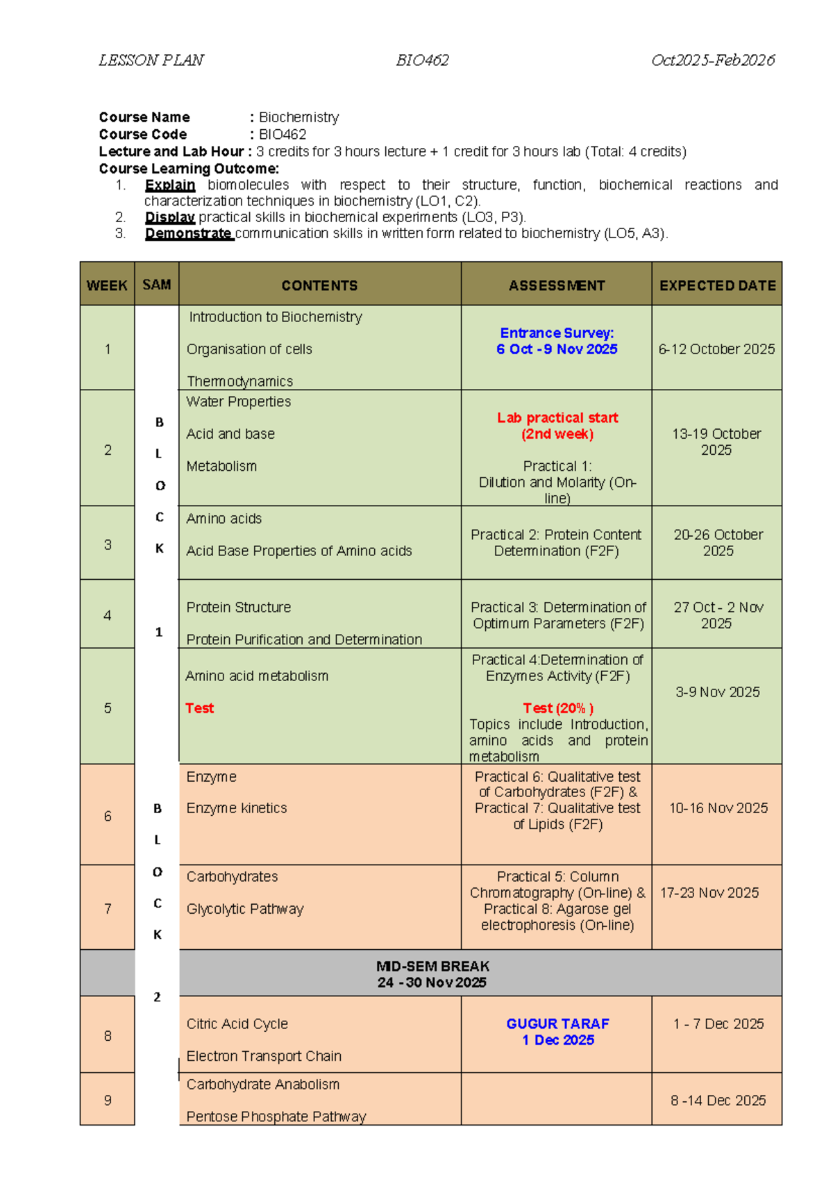 BIO462 - Biochemistry Lesson Plan (Oct 2025 - Feb 2026) - Studocu