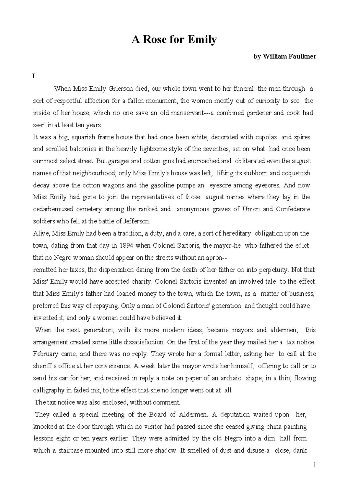 A Rose for Emily: Analysis and Themes in Faulkner's Classic - Studocu