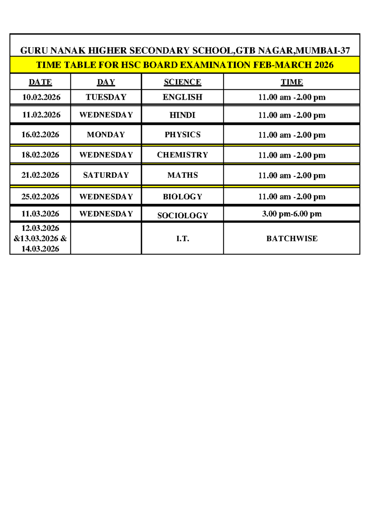 HSC Board TIME Table SCI Stream 2026-1 - Sociology Class 12th - DATE ...