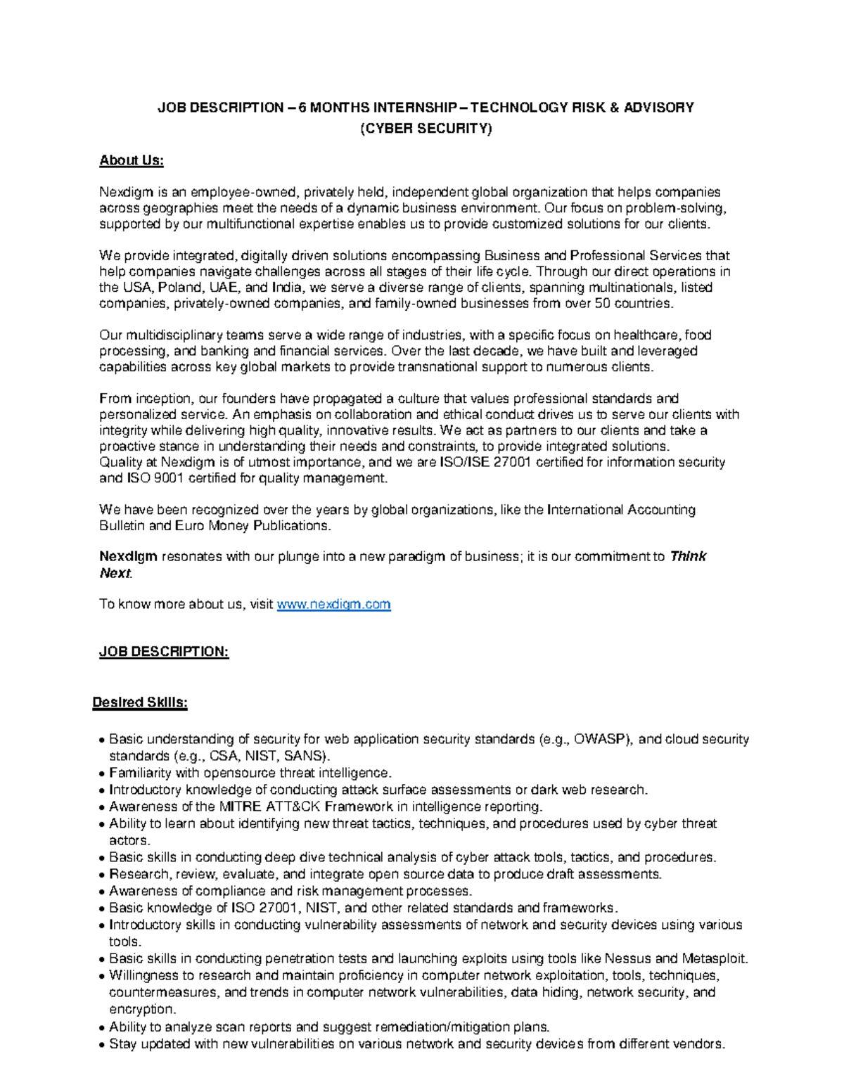 Job Description - Intern TRA (Cyber Security) - JOB DESCRIPTION – 6 ...