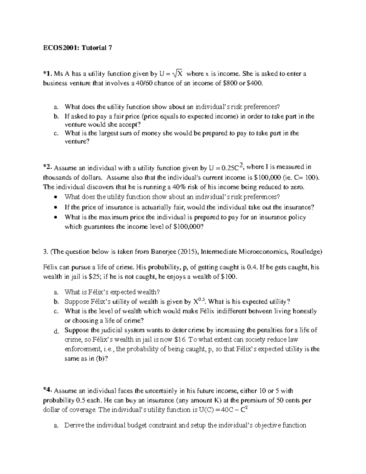 ECOS2001: Tutorial 7 - Utility Functions & Risk Preferences Analysis ...