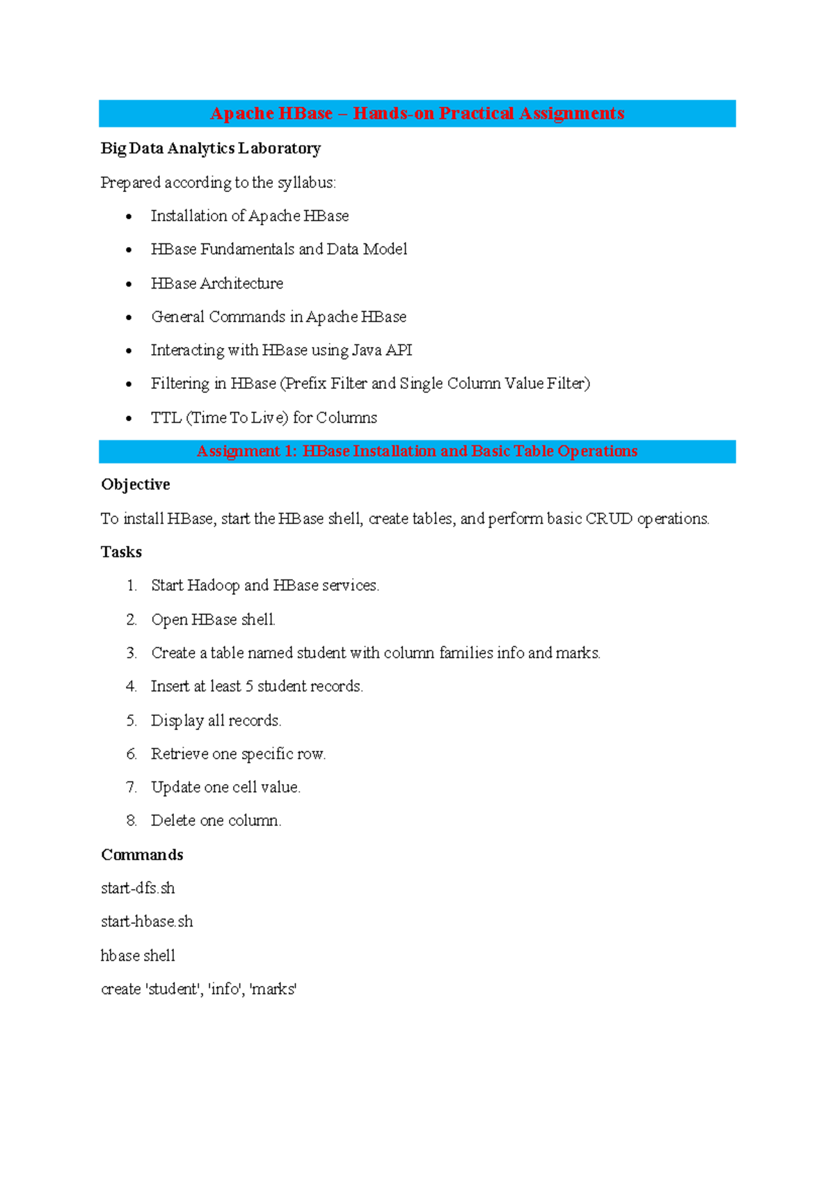 Apache HBase Assignments: Big Data Analytics Lab Guide - Studocu