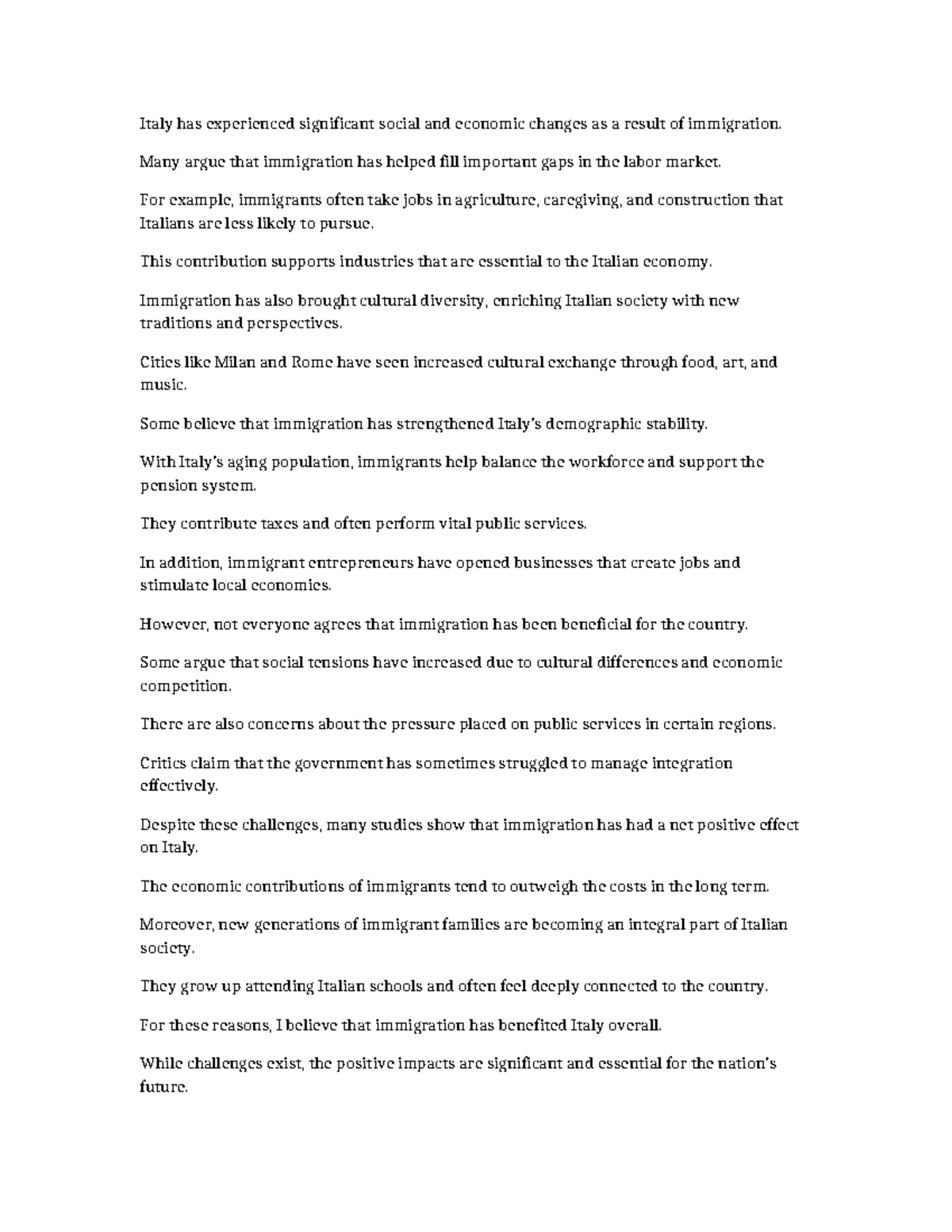 Immigration Essay: Economic & Social Impacts on Italy - Studocu