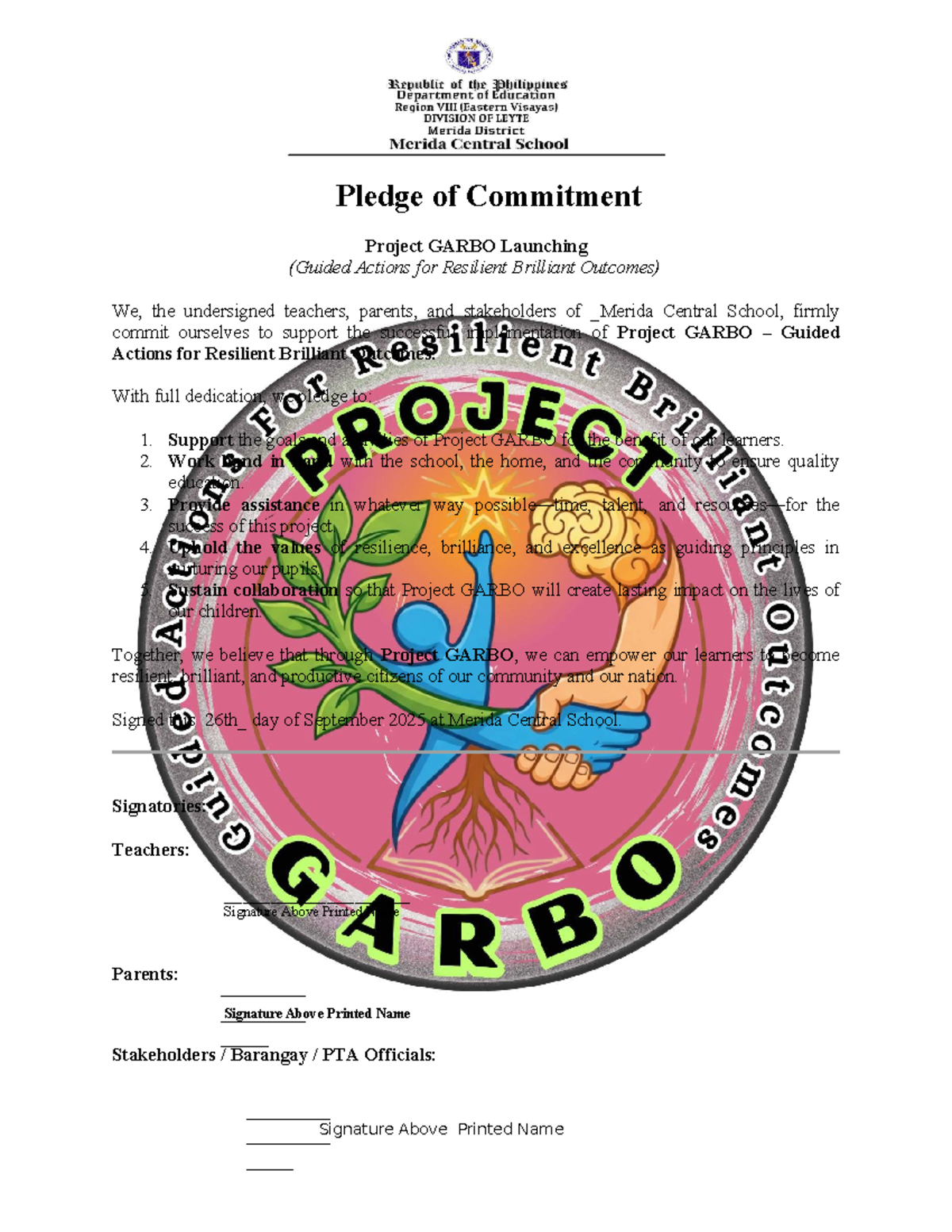 Pledge of Commitment for Project GARBO Launch at Merida Central School ...