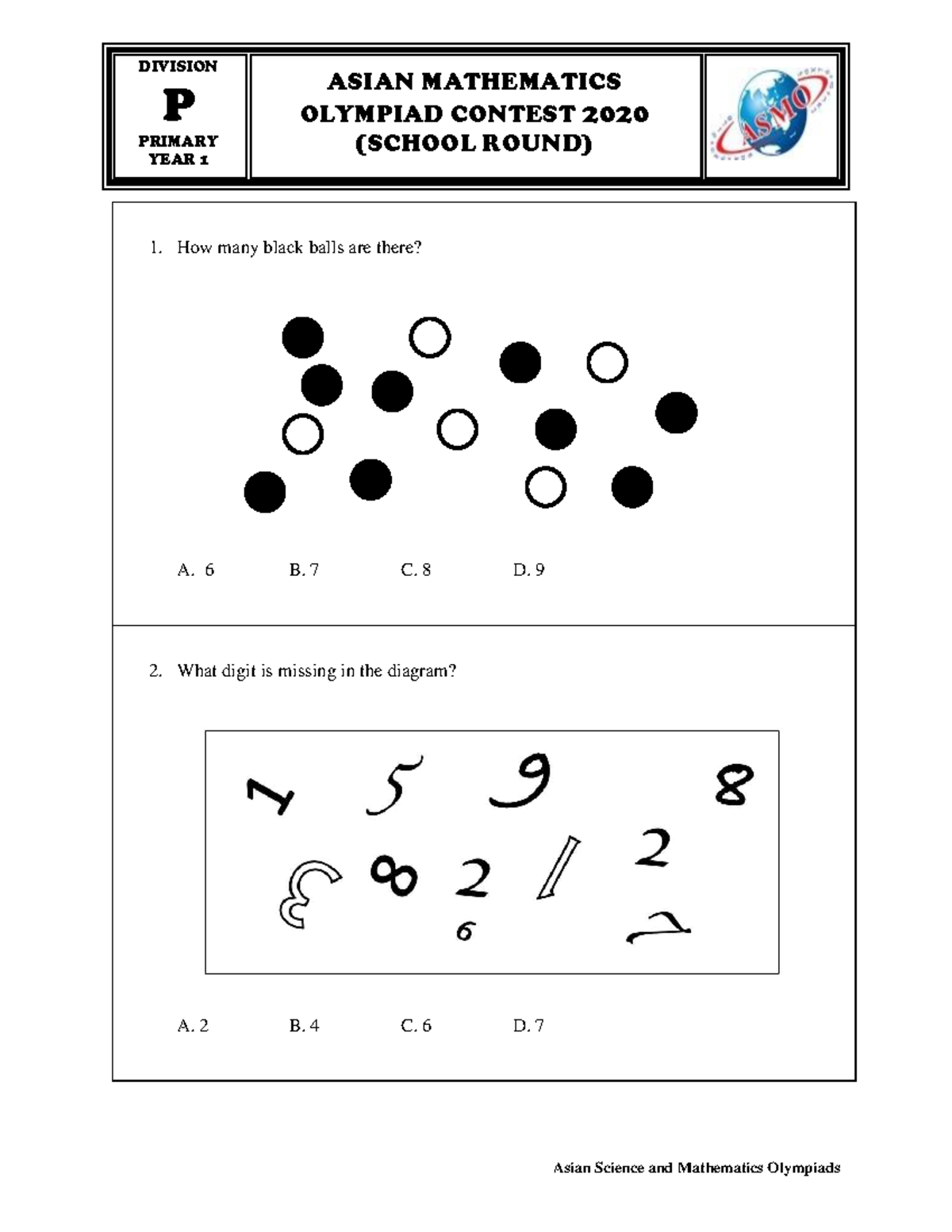 DIVISION P PRIMARY YEAR 1 ASIAN MATHEMATICS OLYMPIAD 2020 (SCHOOL ROUND ...