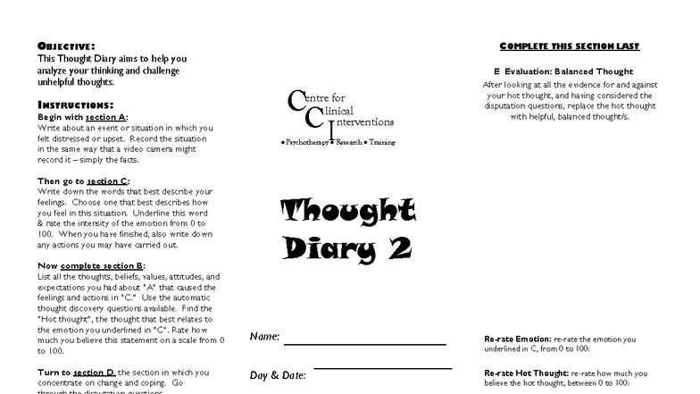 Depression Worksheet - 09 - Thought Diary for Mood Management Course ...