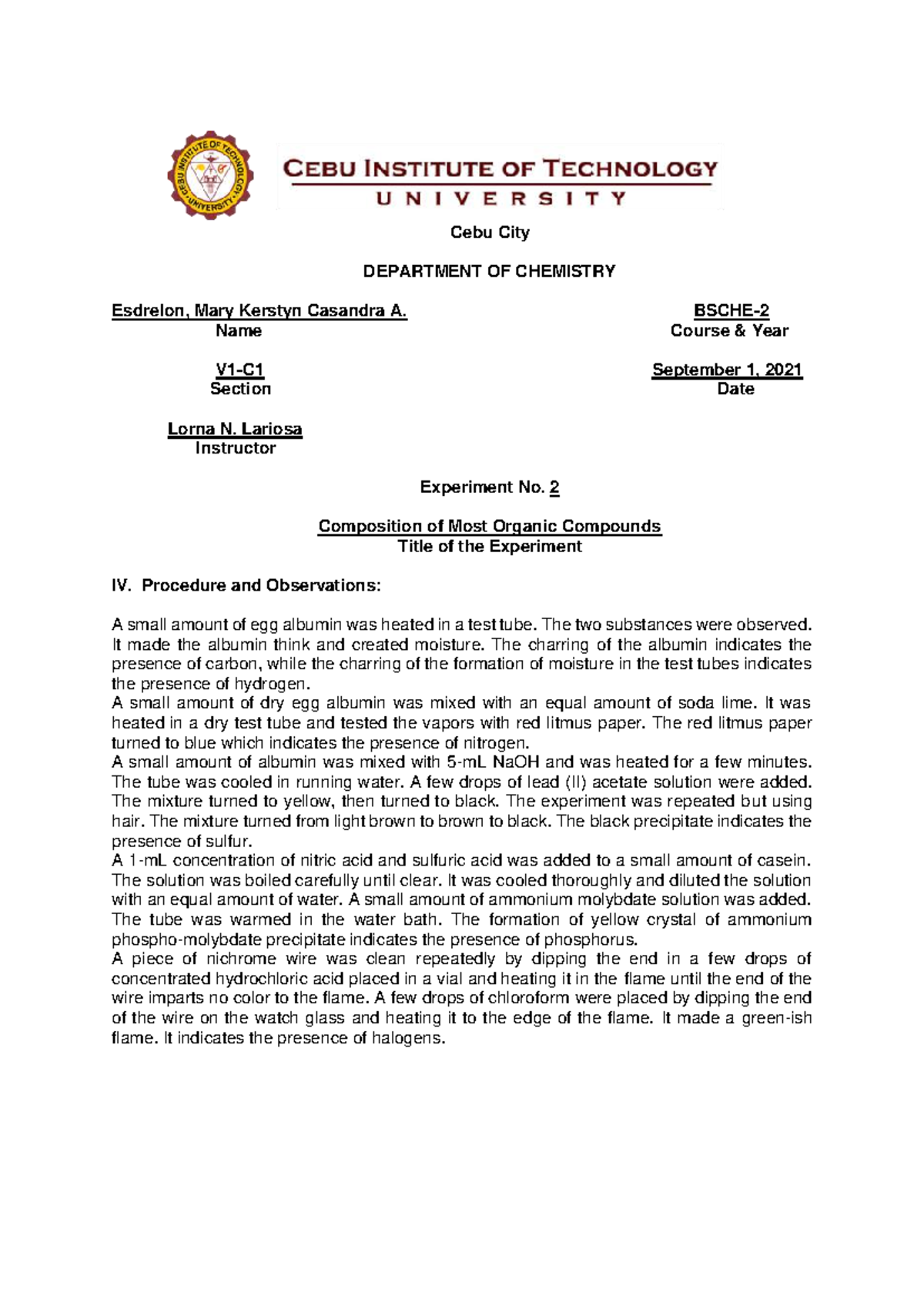 Experiment No. 2: Analyzing Composition of Organic Compounds - Studocu