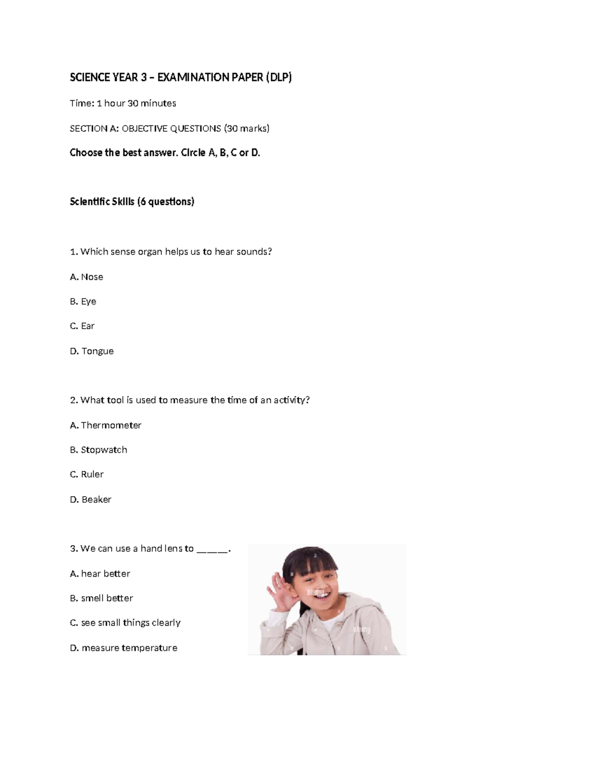 SCIENCE YEAR 3 FINAL EXAMINATION PAPER (DLP) - Studocu