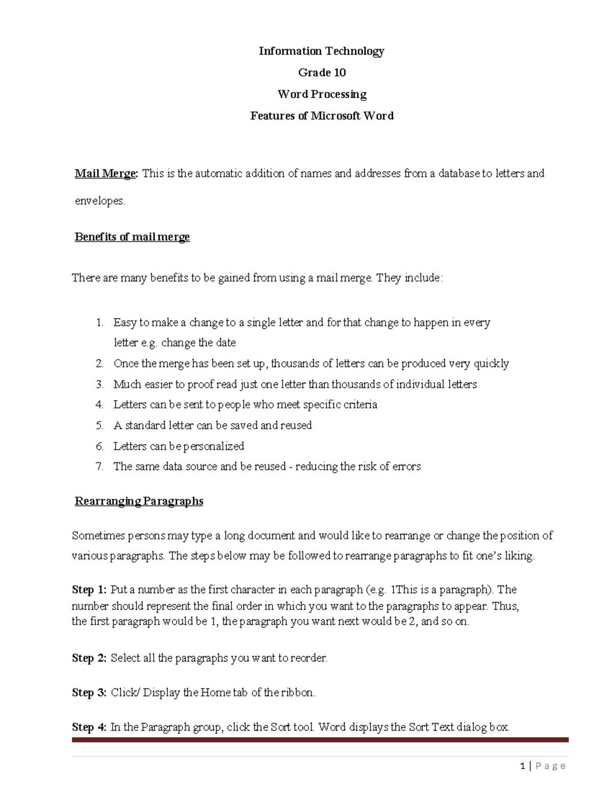 Grade 10 IT: Features of Microsoft Word & Mail Merge Techniques - Studocu