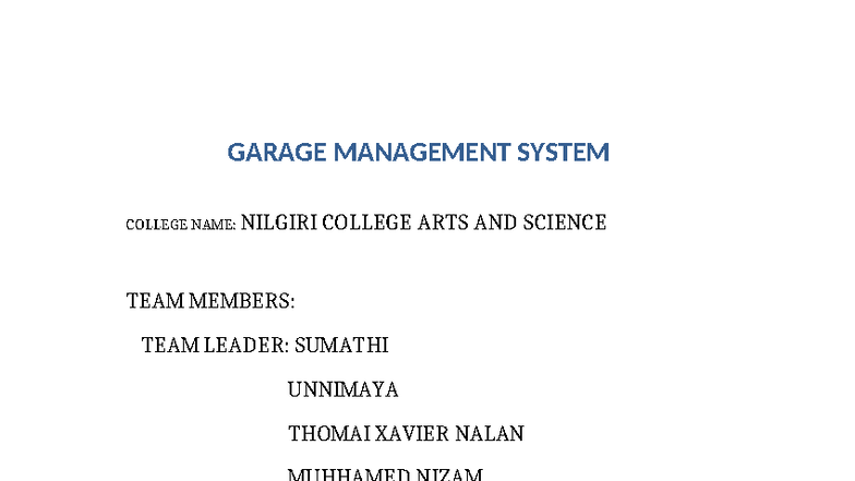 Garage Management System Project Overview - Nilgiri College - Studocu