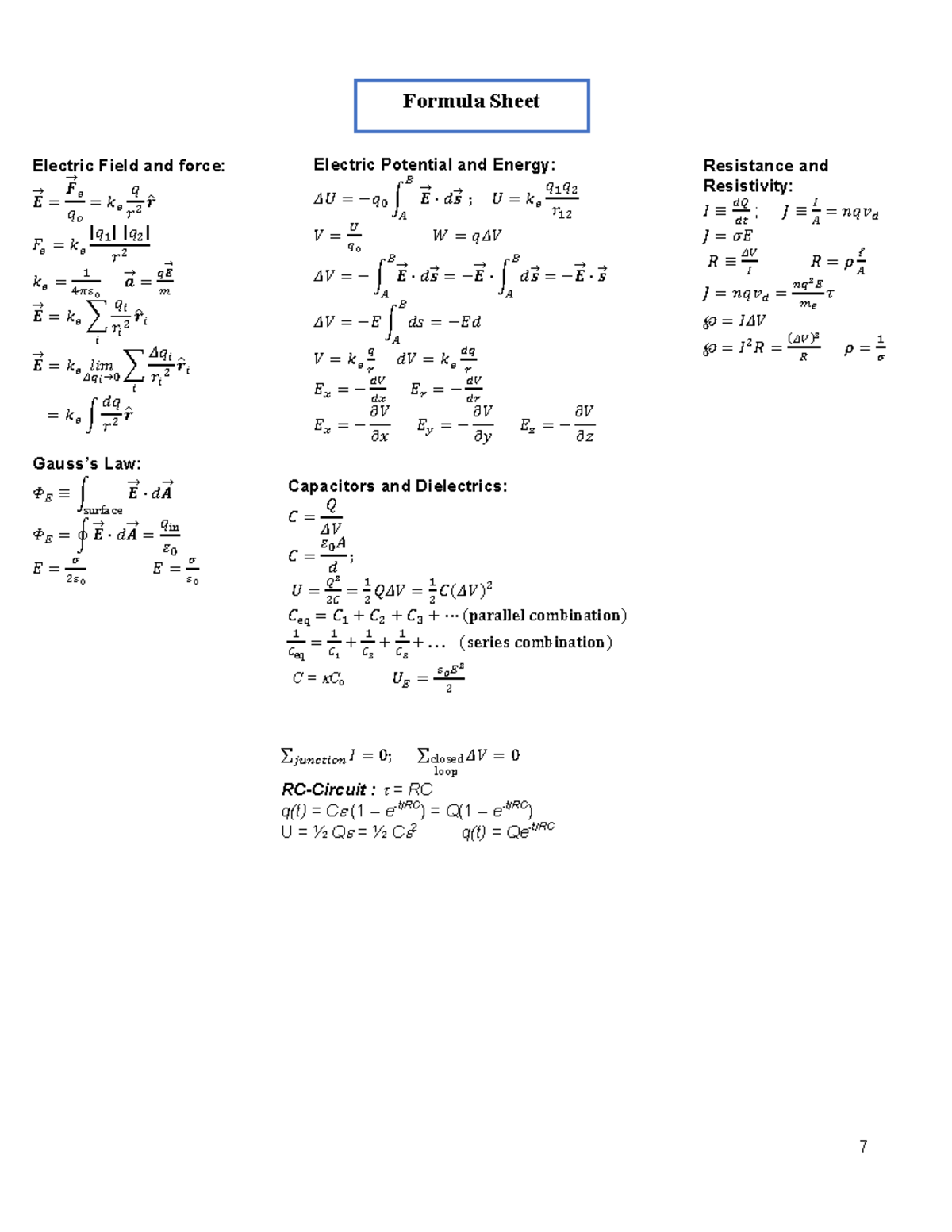 Final Exam Formula Sheet for Physics 101 - Studocu