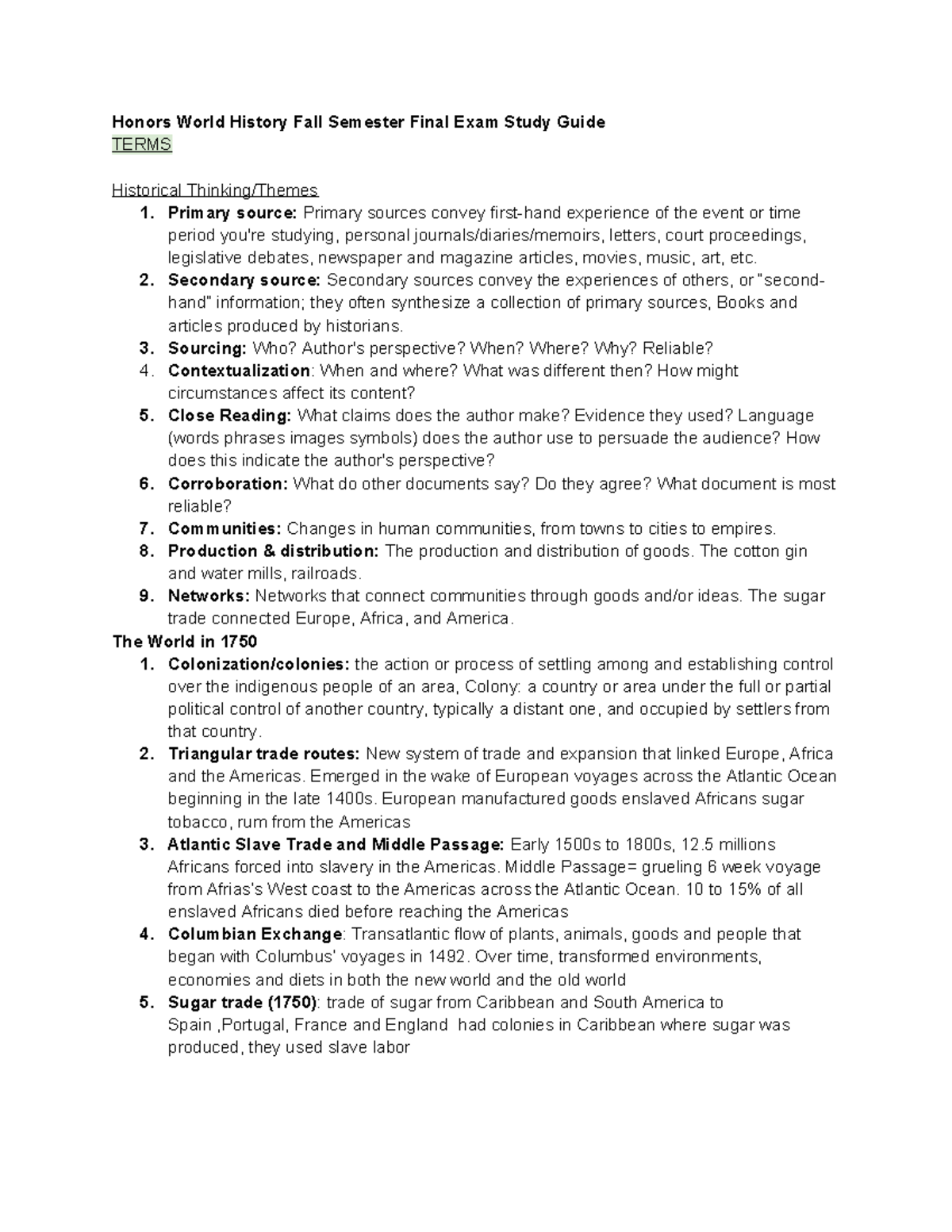 Honors World History (HIST 101) Fall Final Exam Study Guide Terms ...