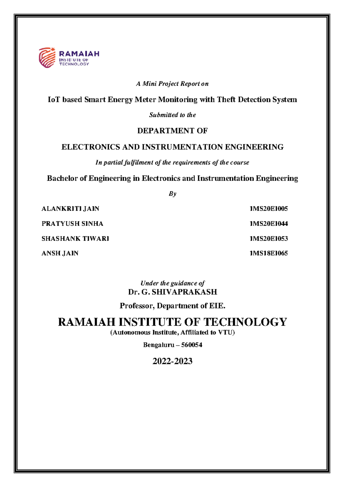 Mini Project Report - good - A Mini Project Report on IoT based Smart ...