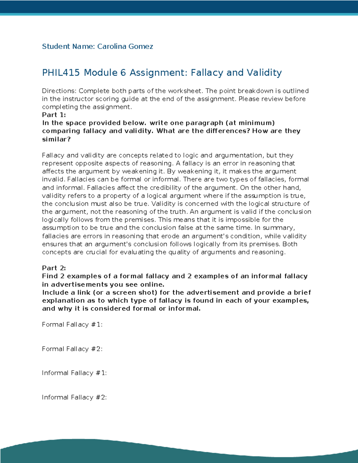 PHIL415 Module 6 Worksheet: Exploring Fallacies & Validity - Studocu
