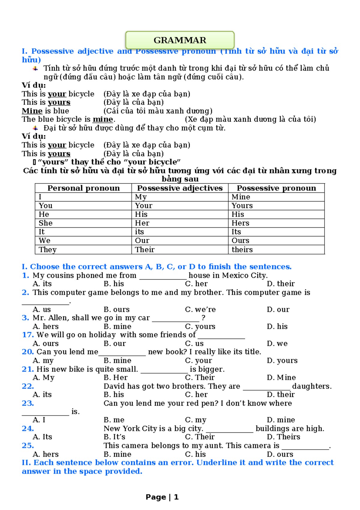 Grammar: Possessive Adjectives & Pronouns - Global Success 6 Unit 9 ...