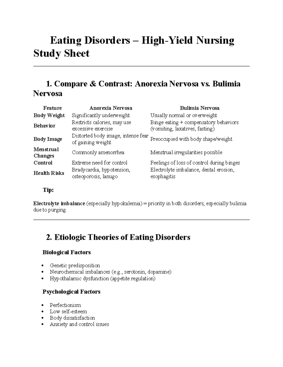Nursing Study Sheet: Anorexia vs. Bulimia (ED 101) - Studocu
