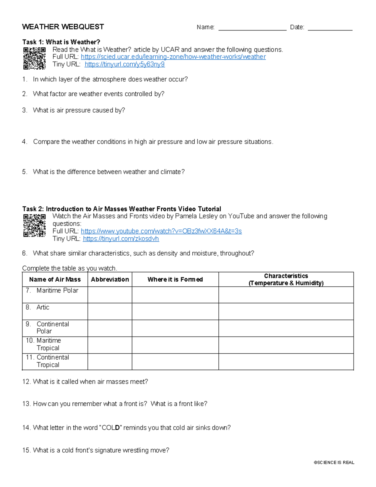 Weather Webquest: Understanding Weather, Air Masses, and Pressure ...