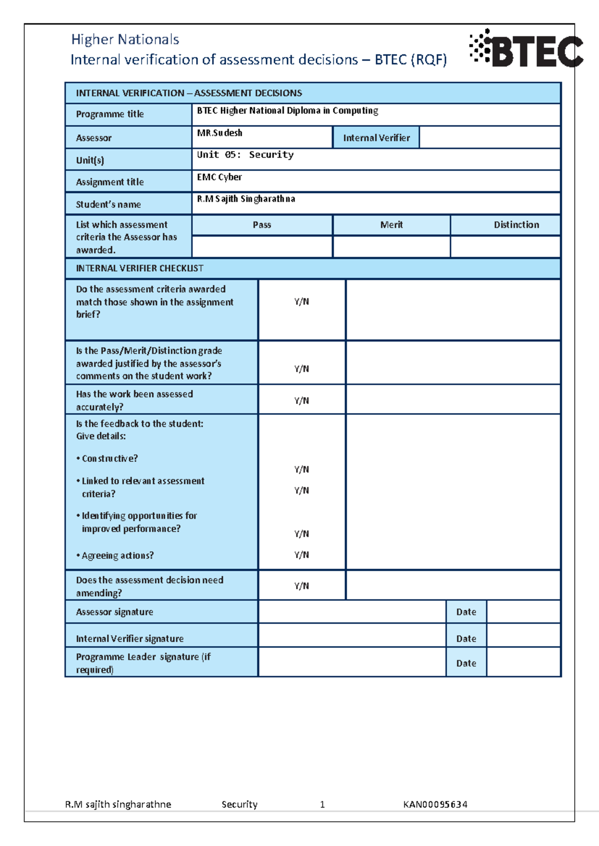 BTEC HND Computing Unit 5: Security Internal Verification Report 2021 - Studocu