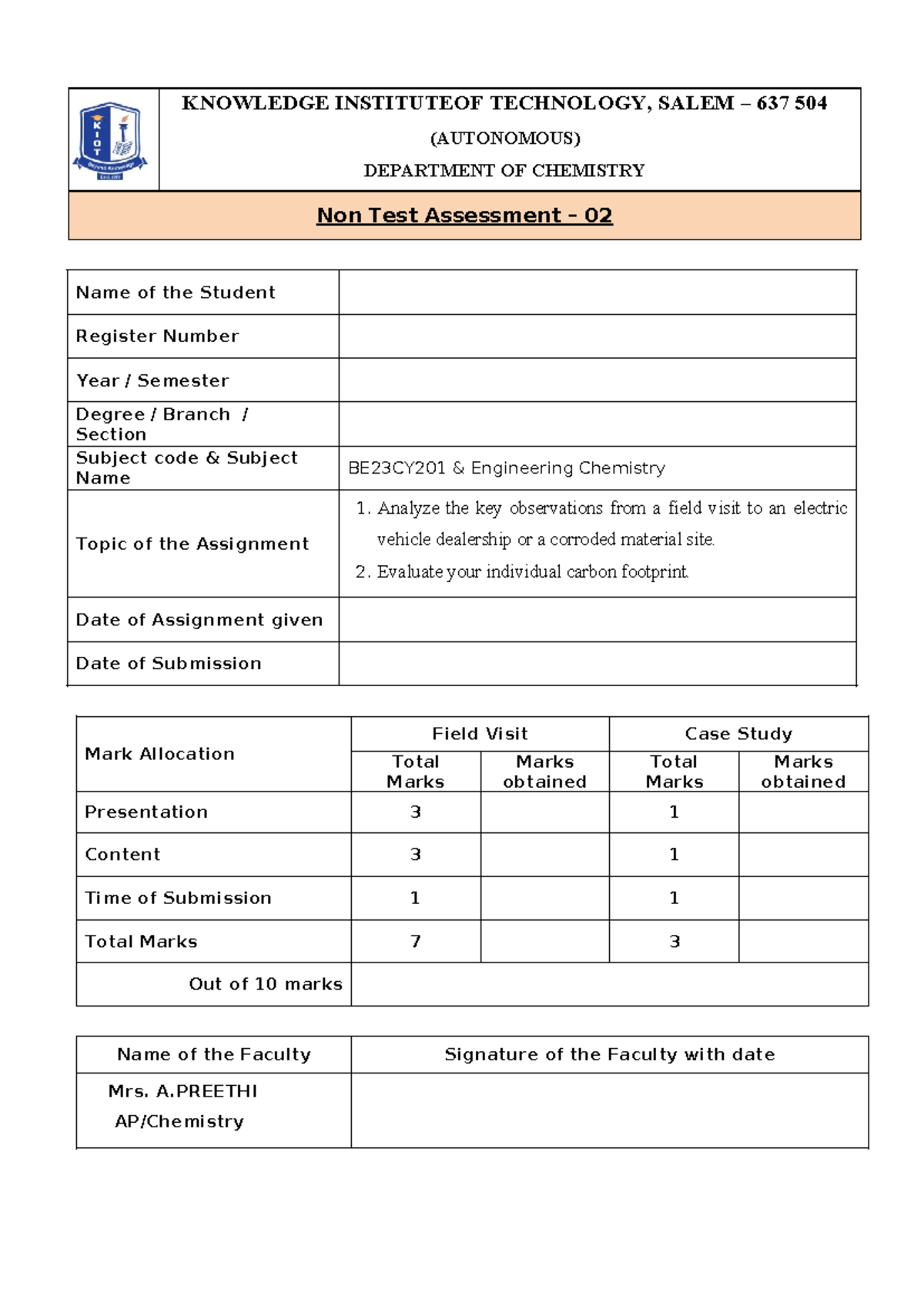 BE23CY201 Engineering Chemistry Case Study: Non Test Assessment 02 ...