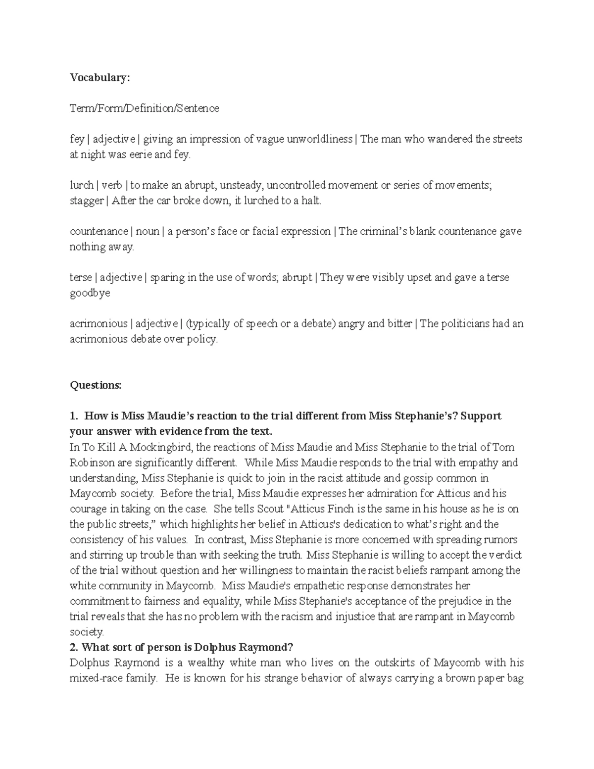 To Kill a Mockingbird: Chapter 18-20 Study Questions & Vocabulary - Studocu