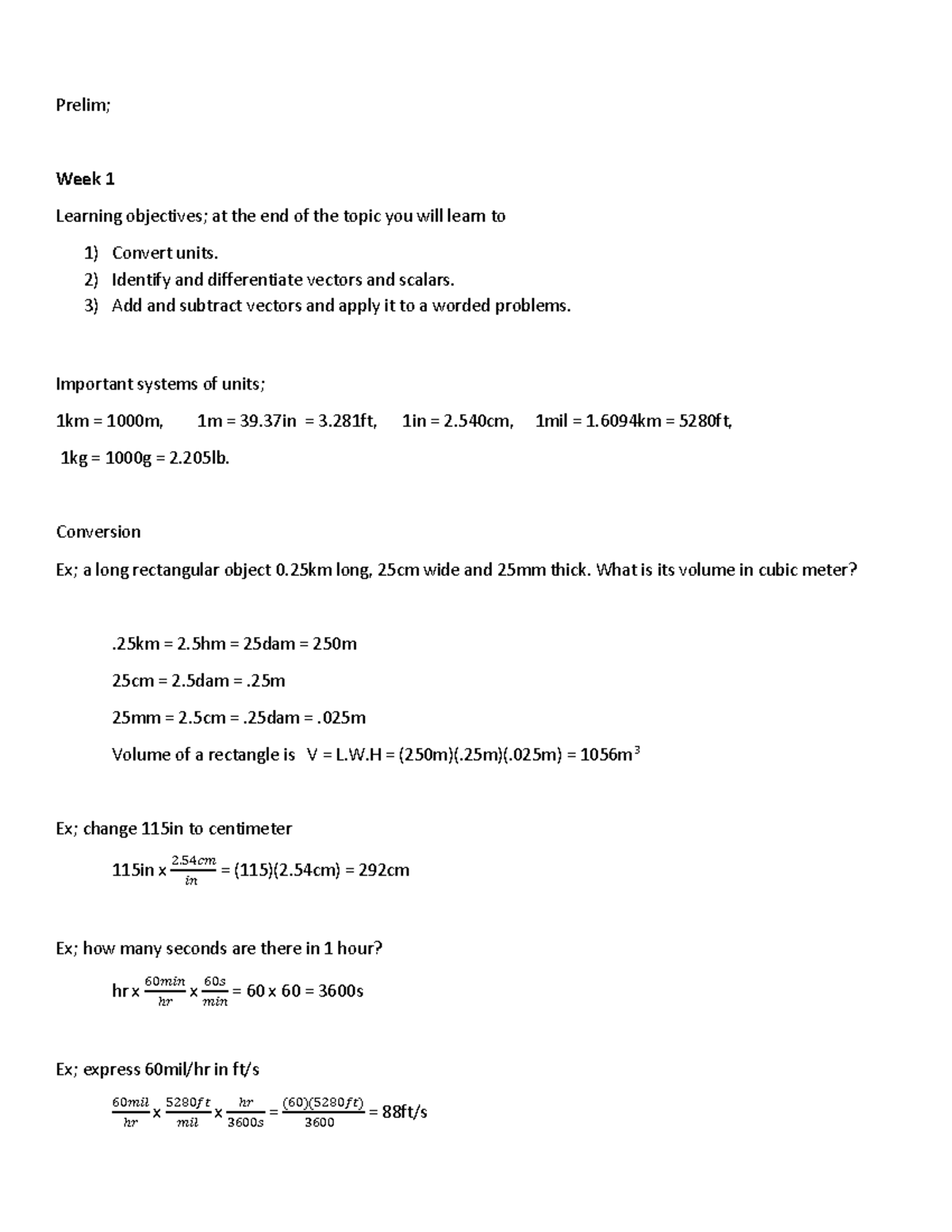 ES 112: Introduction to Vector Analysis and Unit Conversion - Studocu