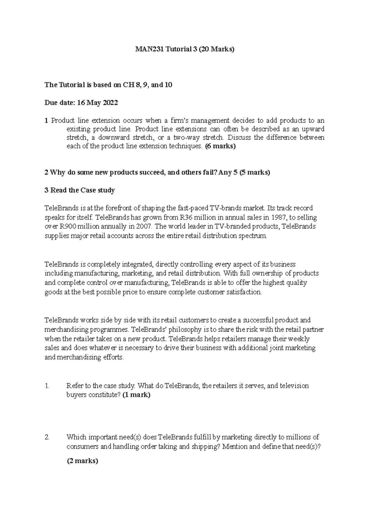 MAN231 Tutorial 3 Final - MAN231 Tutorial 3 (20 Marks) The Tutorial is ...