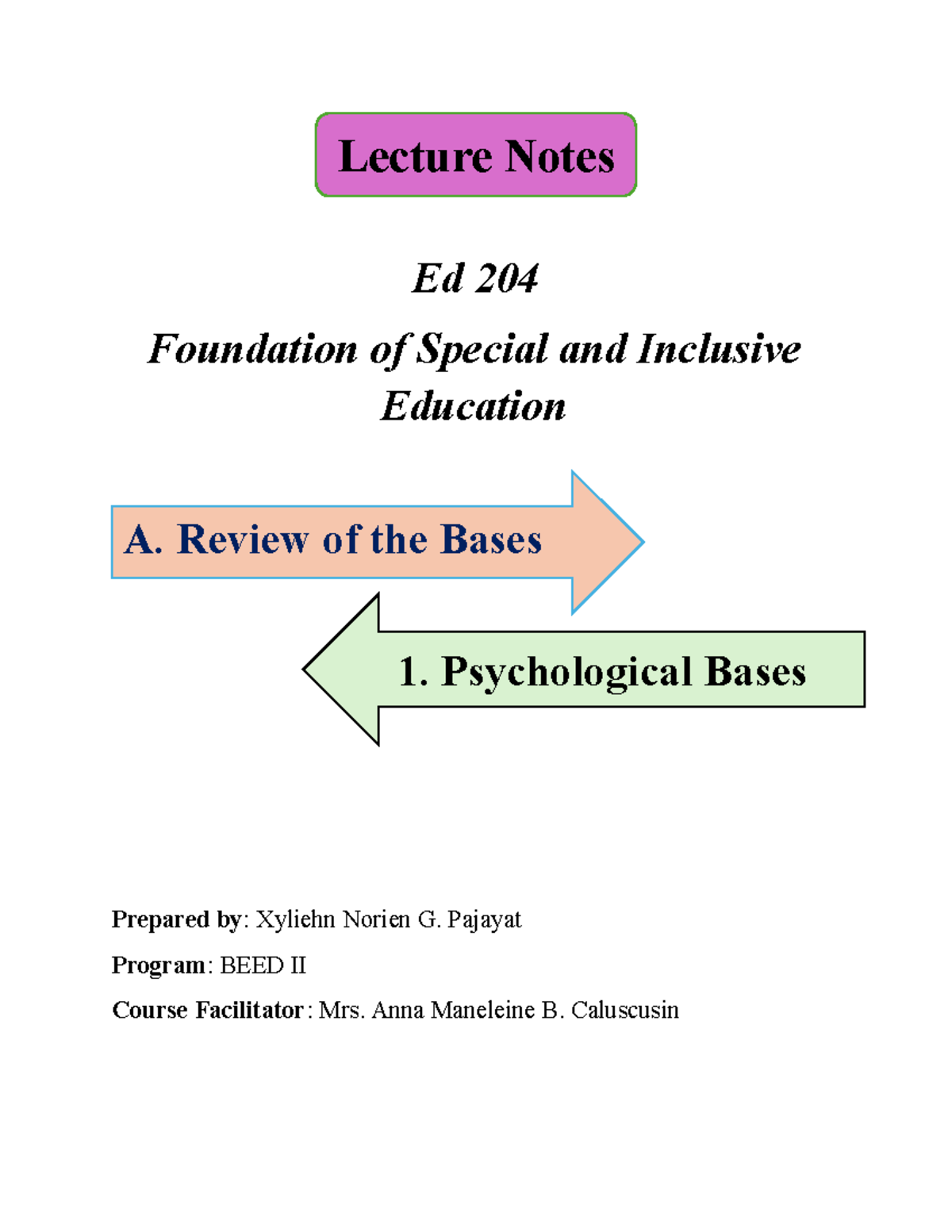 Lecture Notes-Psycho - none - Ed 204 Foundation of Special and ...