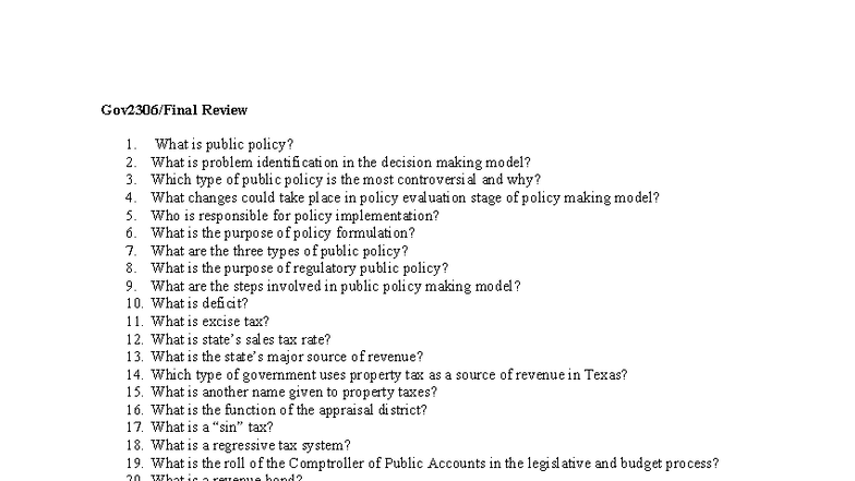 Gov2306 Public Policy Final Review: Key Questions & Concepts - Studocu
