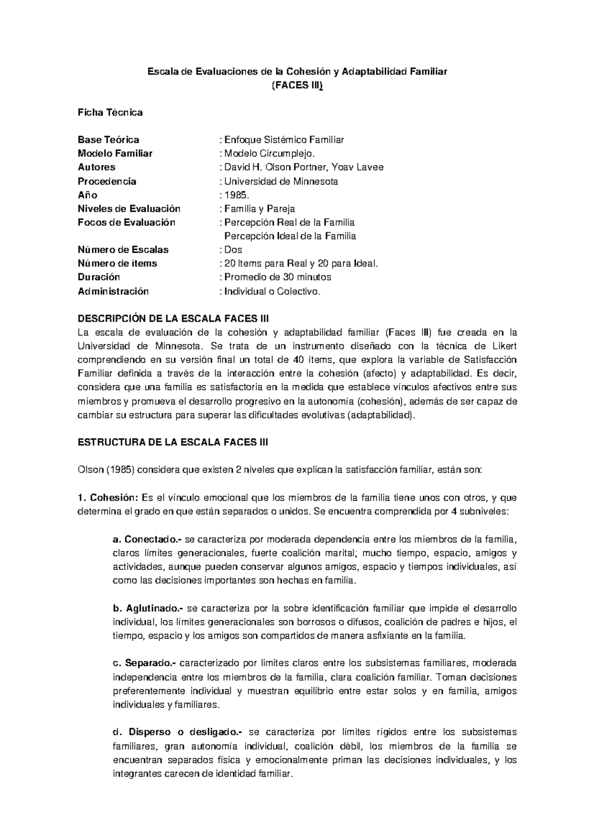 FACES III - Escala de Evaluación de Cohesión Familiar y Adaptabilidad ...