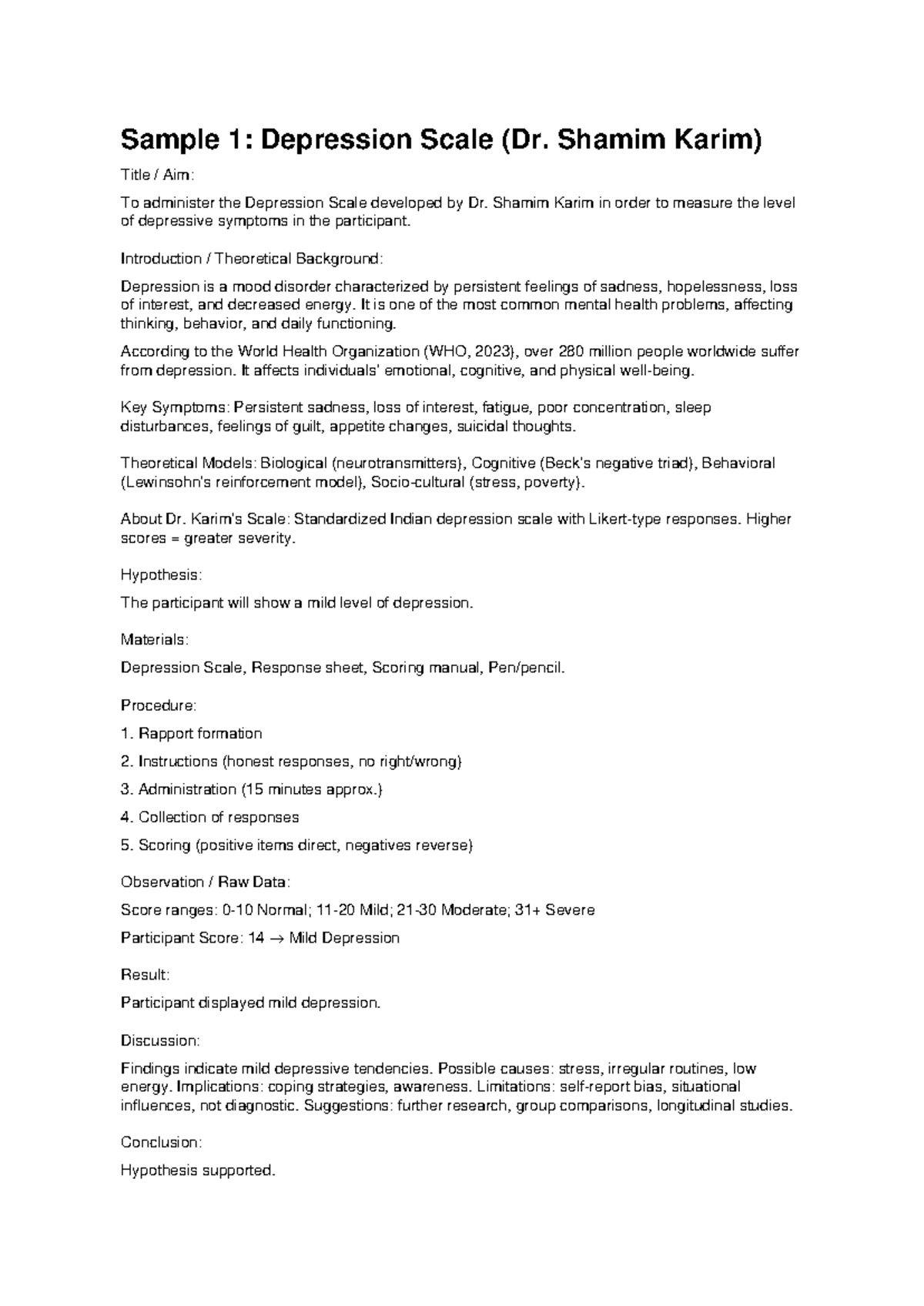 IGNOU Practical File Samples: Depression & Anxiety Scales Analysis ...