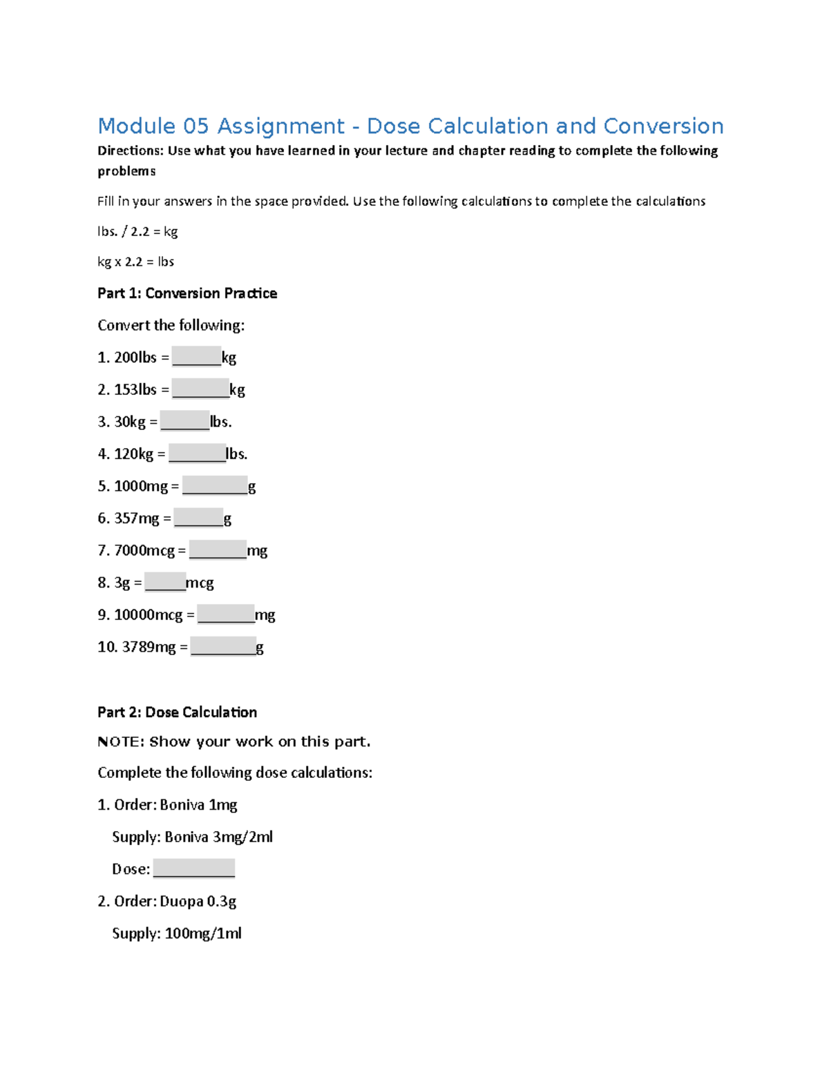 Mod5 Assignment - Dose Conversion & Calculation Practice - Studocu