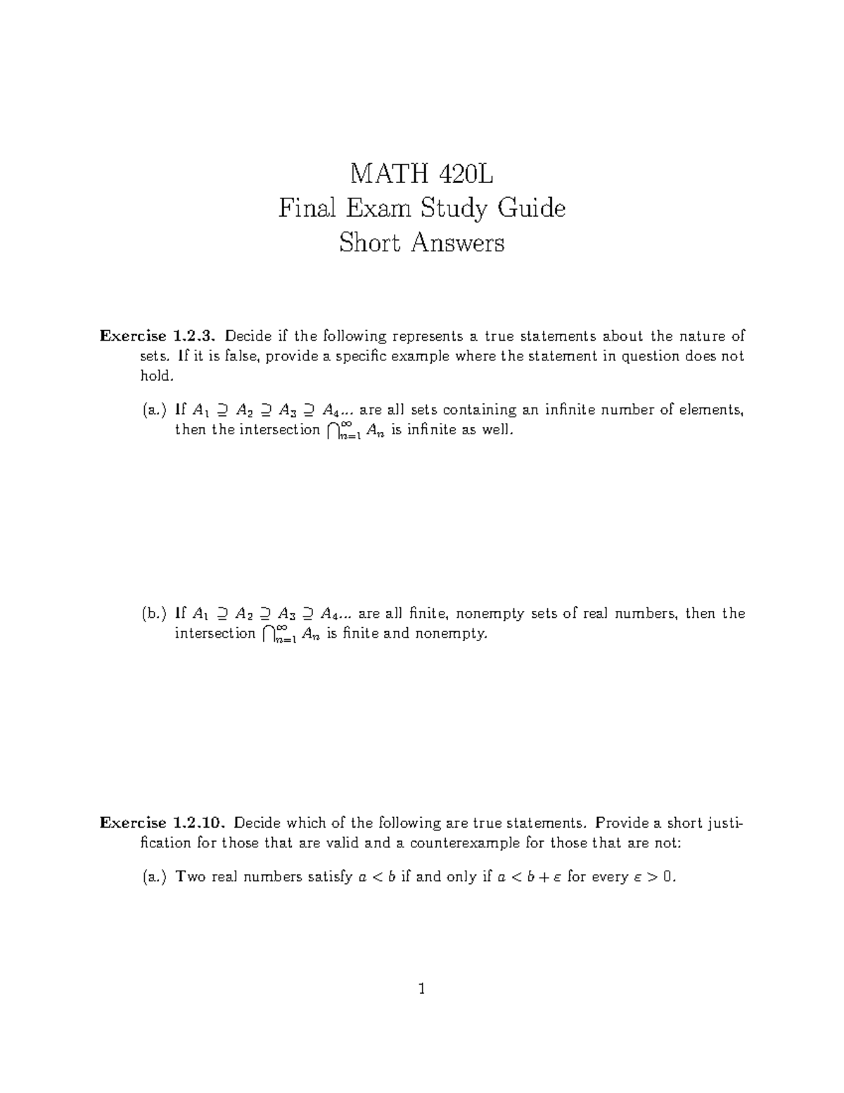 Analysis Final Exam Short Answers - MATH 420L Final Exam Study Guide ...