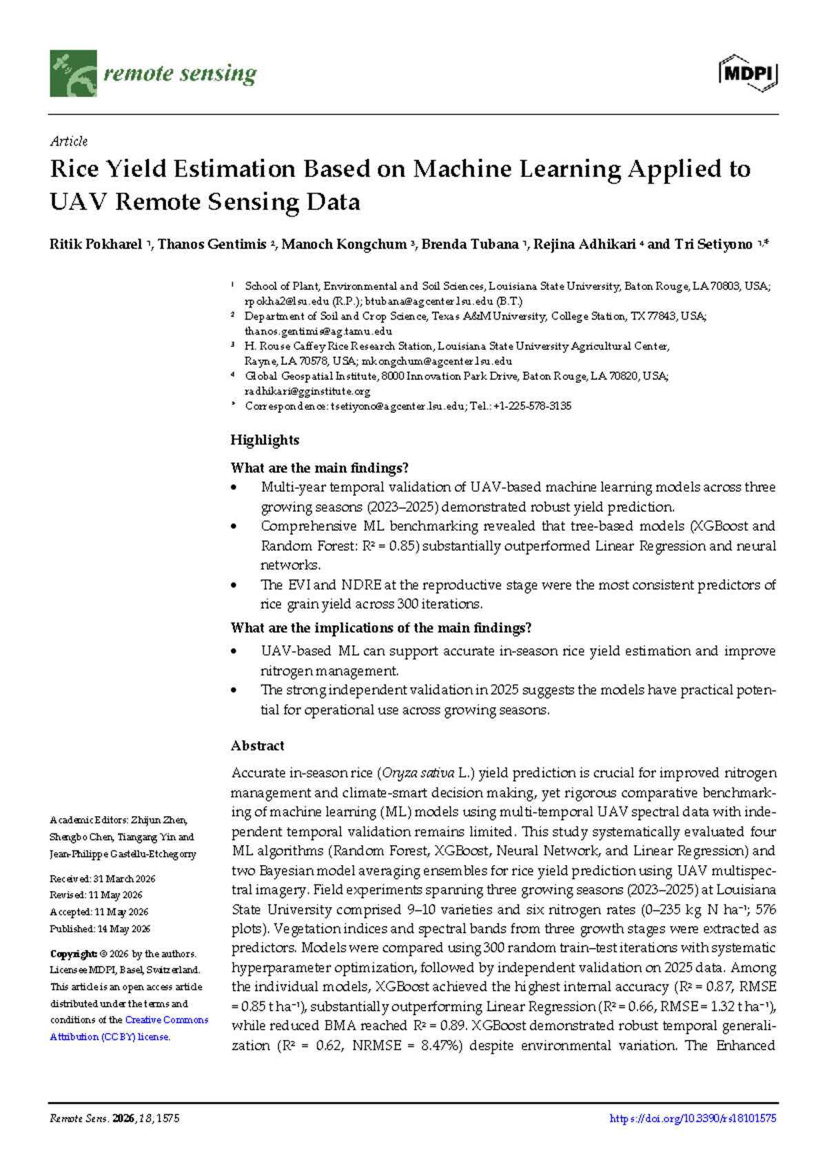 Rice Yield Estimation Using ML & UAV Data: Remote Sensing Insights ...
