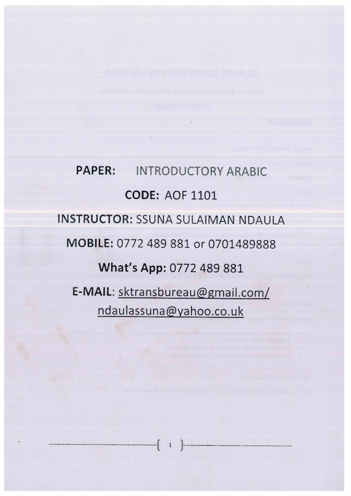 Arabic YEAR ONE LLB - PAPER: INTRODUCTORY ARABIC CODE: AOF 1101 ...