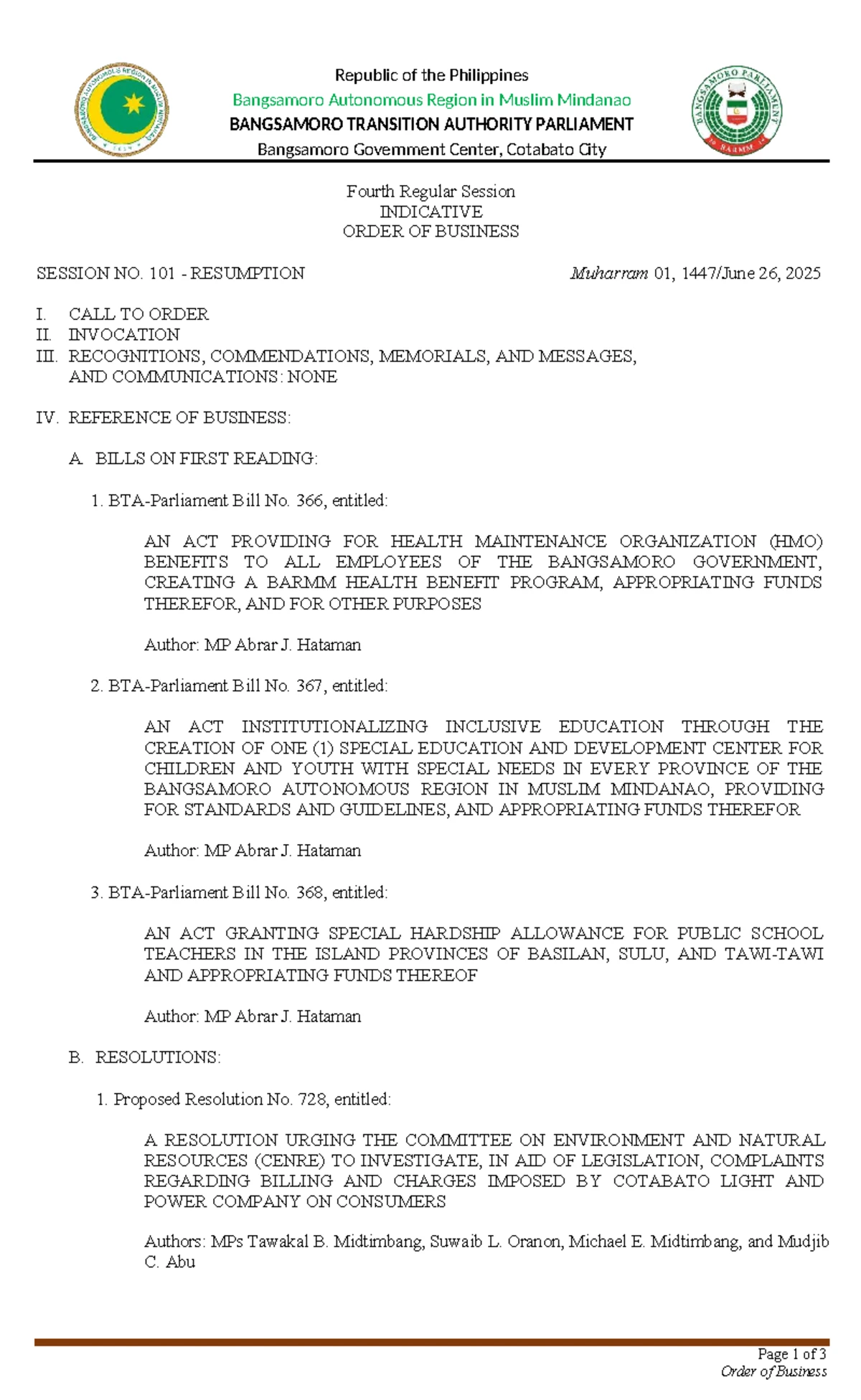 Order of Business for BTA Parliament Session No. 102 - July 2025 - Studocu