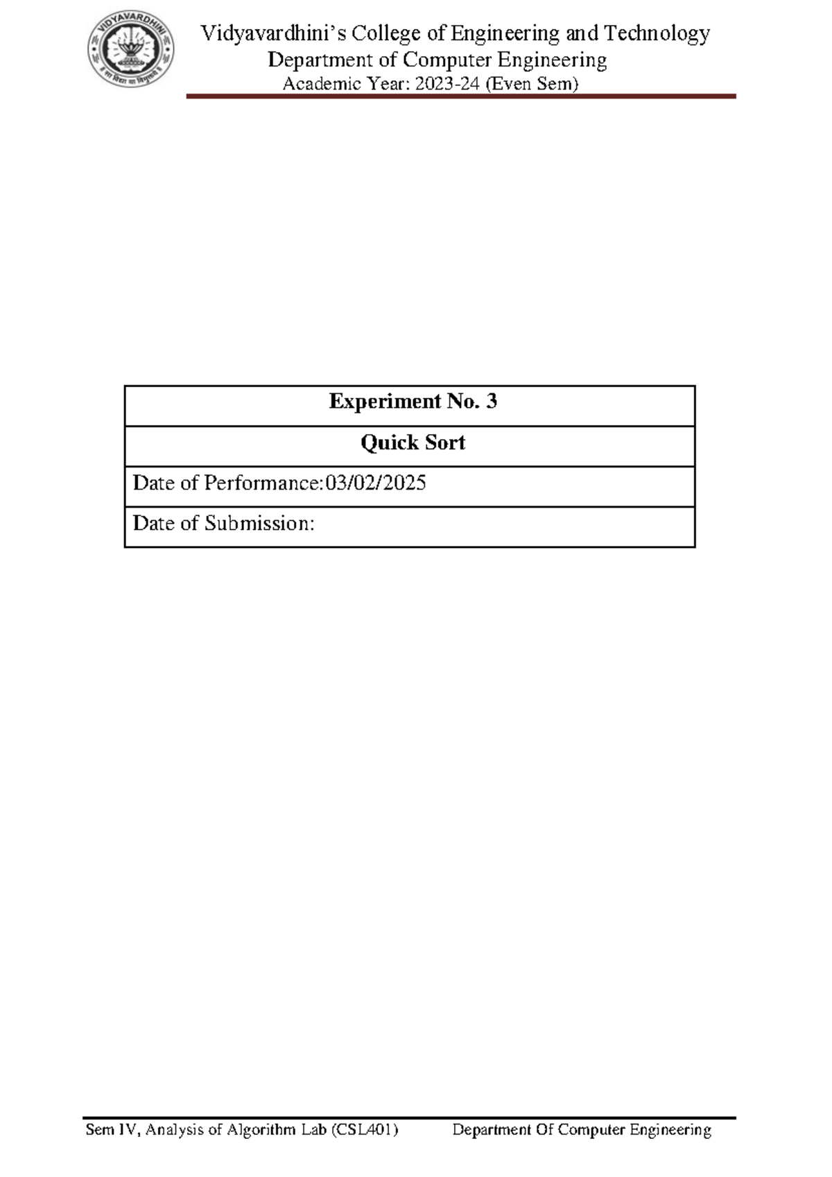 Quick Sort Algorithm Analysis - CSL401 Lab Experiment IV - Studocu