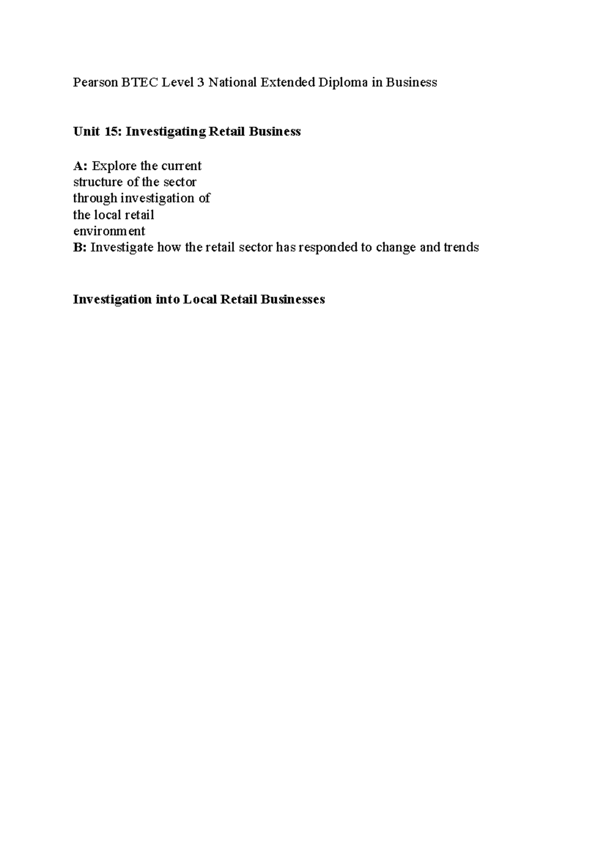 U15: Investigating Local Retail Business Structures and Trends - Studocu