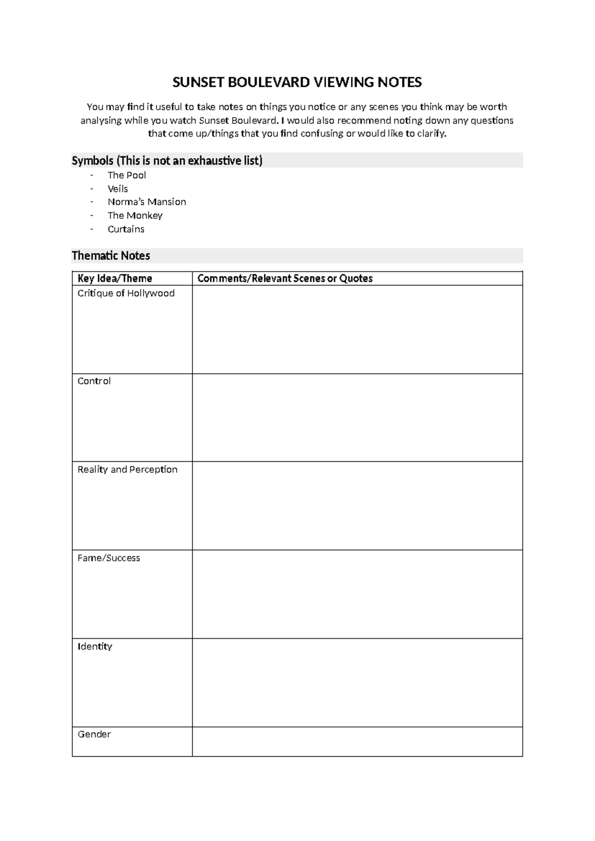 SB Viewing Notes: Key Themes and Symbols in Sunset Boulevard - Studocu