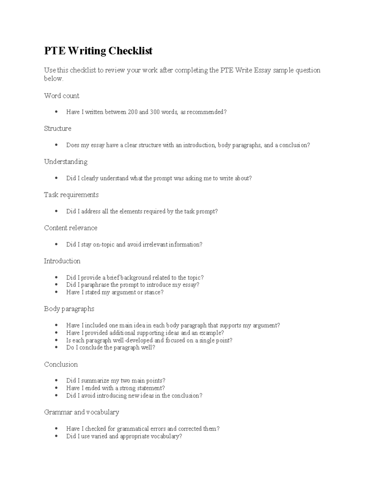 PTE Writing Checklist: Essay Review Guide - Studocu