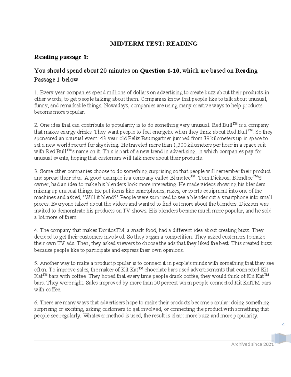MIDTERM TEST: READING PASSAGE ANALYSIS & ADVERTISING STRATEGIES - Studocu