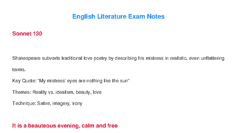 English Lit Exam Notes - Key Themes & Techniques in Poetry - Studocu