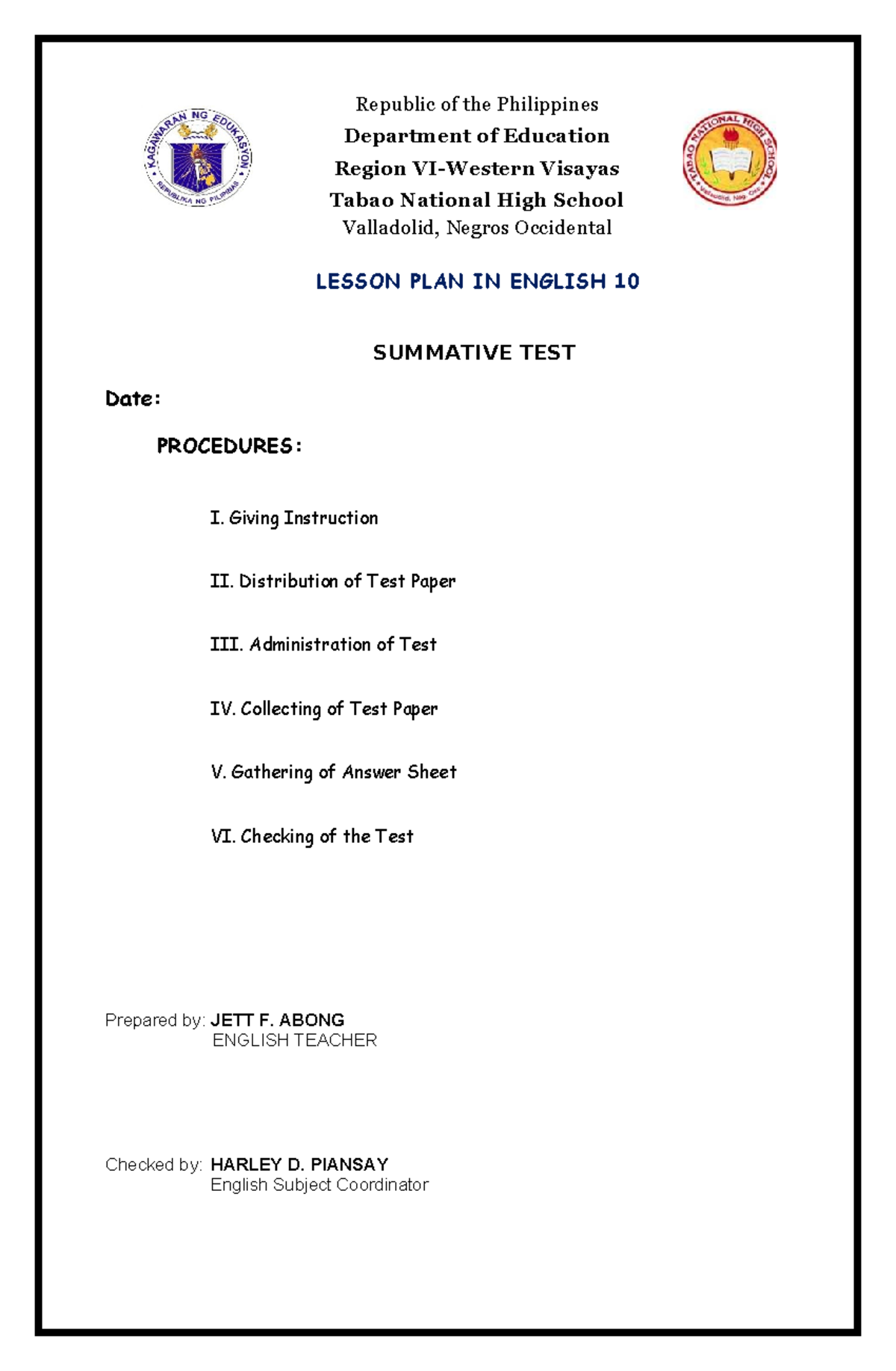 2 - Diagnostic TEST Format - LESSON PLAN IN ENGLISH 10 SUMMATIVE TEST ...