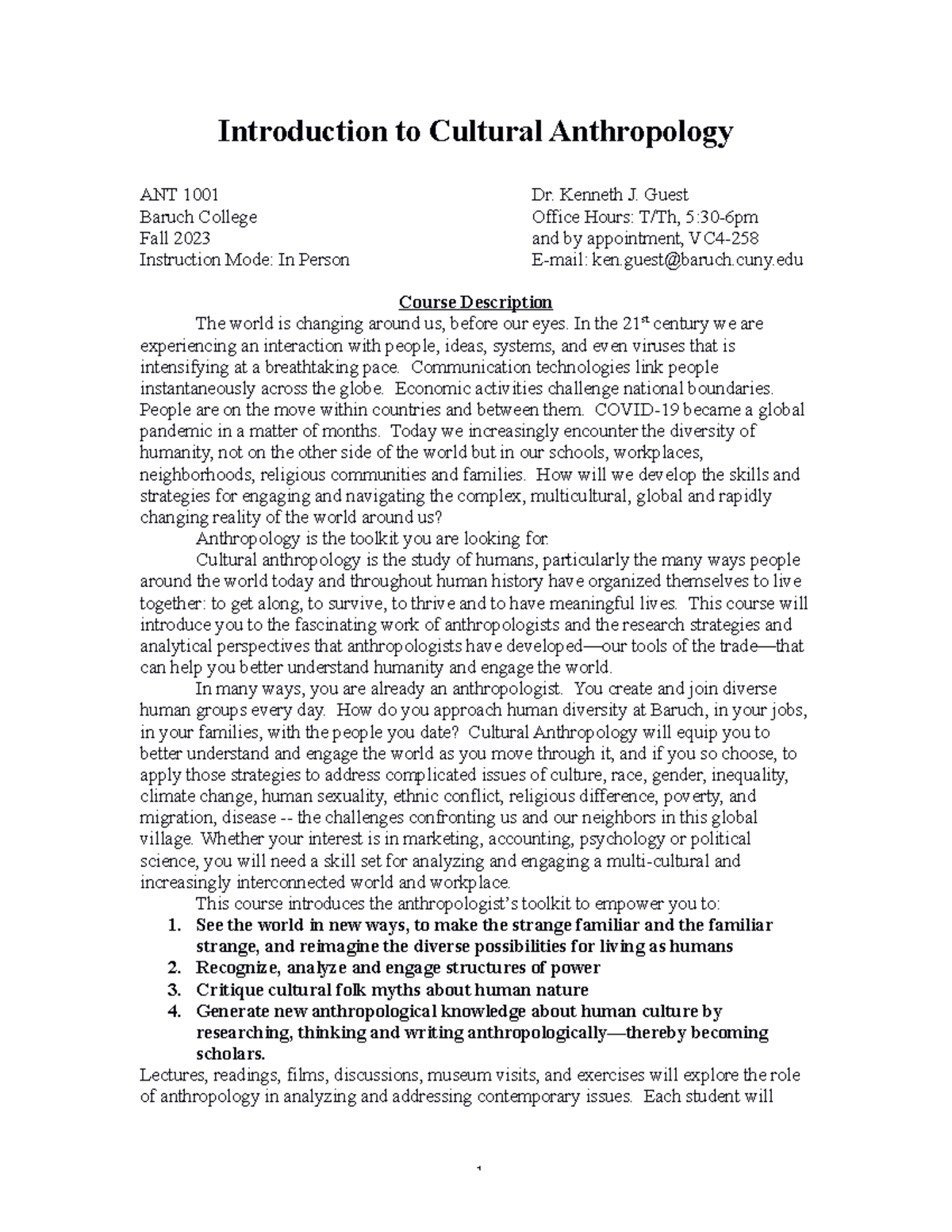 ANT 1001 Introduction to Cultural Anthropology Syllabus Fall 2023 - Studocu