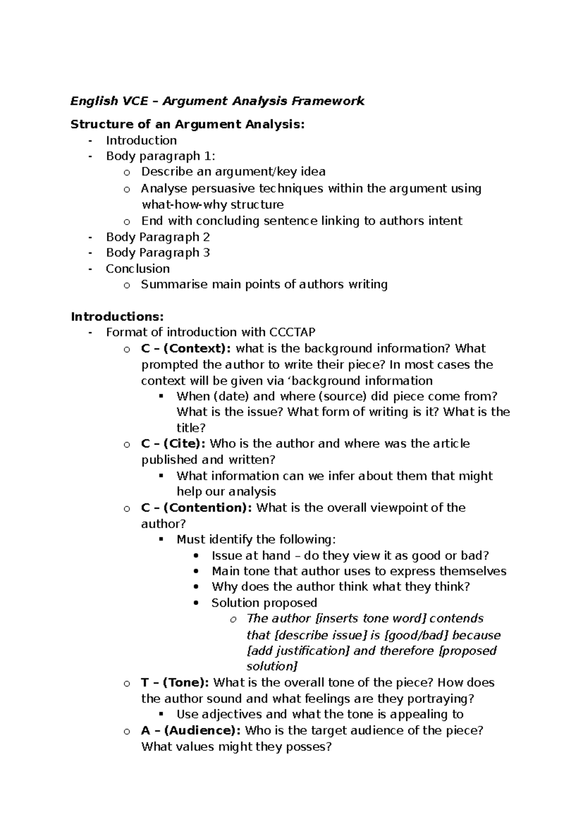 English VCE Argument Analysis Framework: Structure & Techniques - Studocu