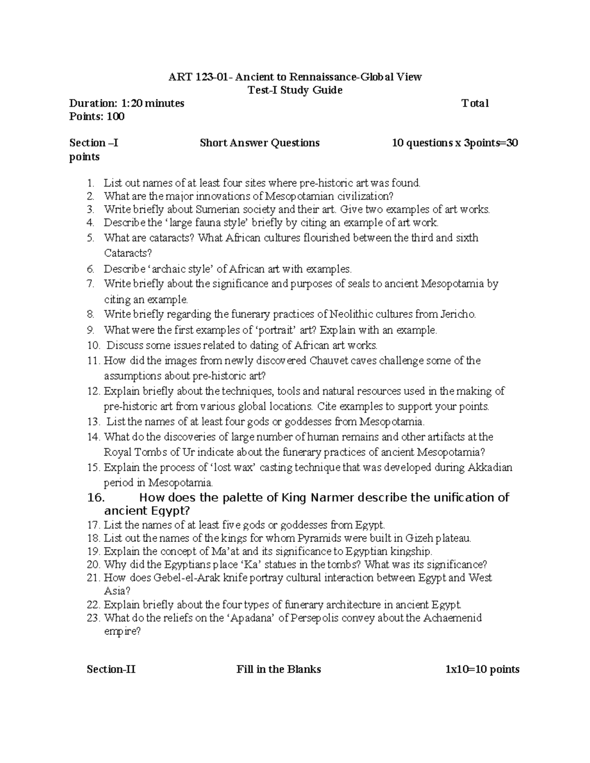 ART 123-01: Ancient to Renaissance - Test I Study Guide - Studocu