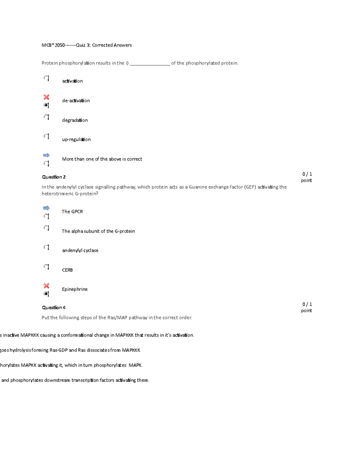 MCB 2050 Quiz 3: Corrected Answers and Key Concepts - Studocu