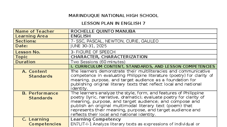 ENGLISH 7 LESSON PLAN: FIGURES OF SPEECH & CHARACTERIZATION - Studocu