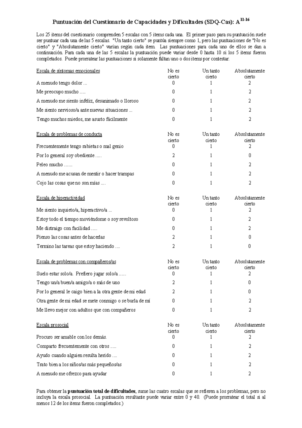 SDQ - Escolaridad - PuntuaciÛn del Cuestionario de Capacidades y ...
