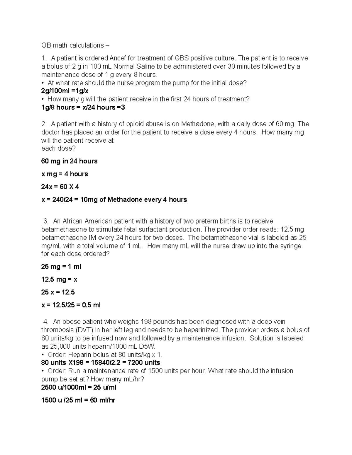 OB Math calculations 1 -12 - OB math calculations – A patient is ...