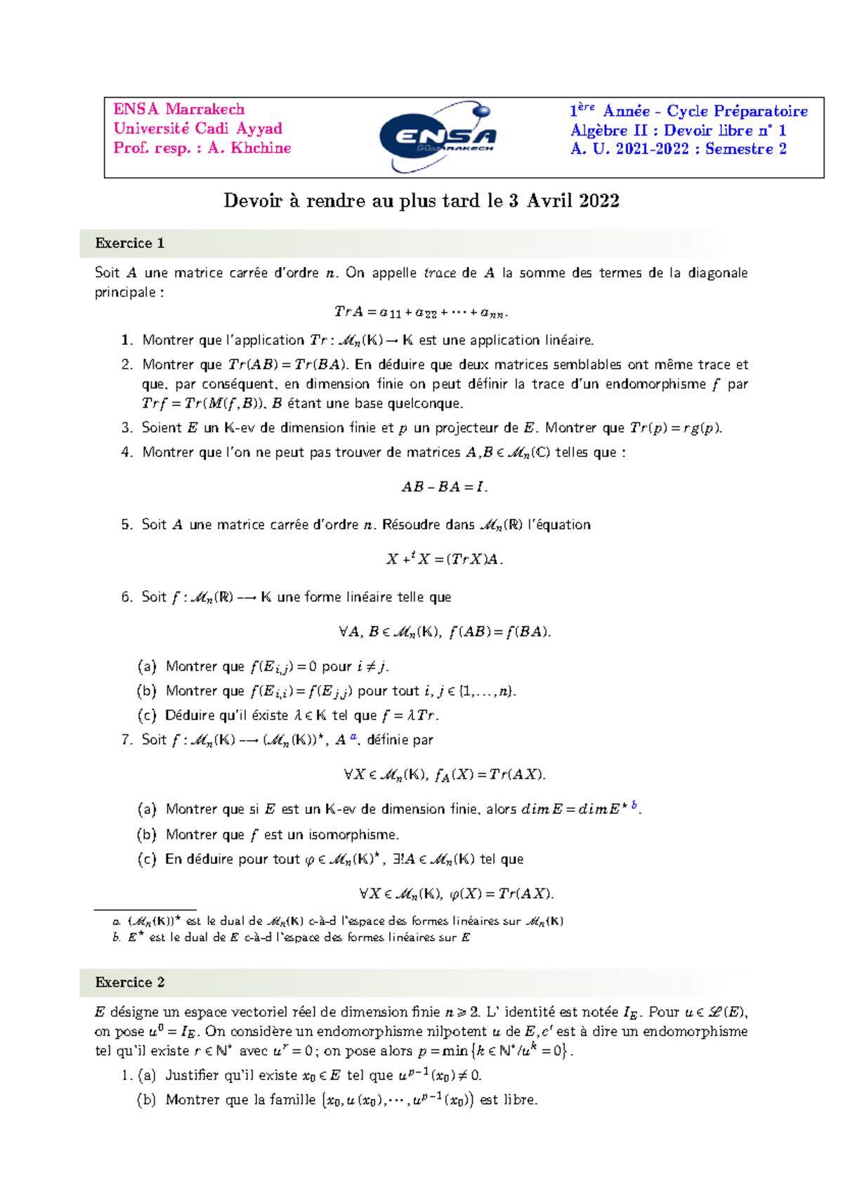 Devoir libre 1 2022 - Cour et exercices - ENSA Marrakech Universit ́e Cadi Ayyad Prof. resp. : A ...